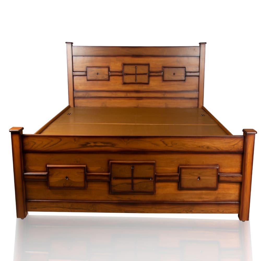 SAF-BD-02 Solid Teak wood cot Hydraulic Storage|78X72|Natural||Cot/Bed Set